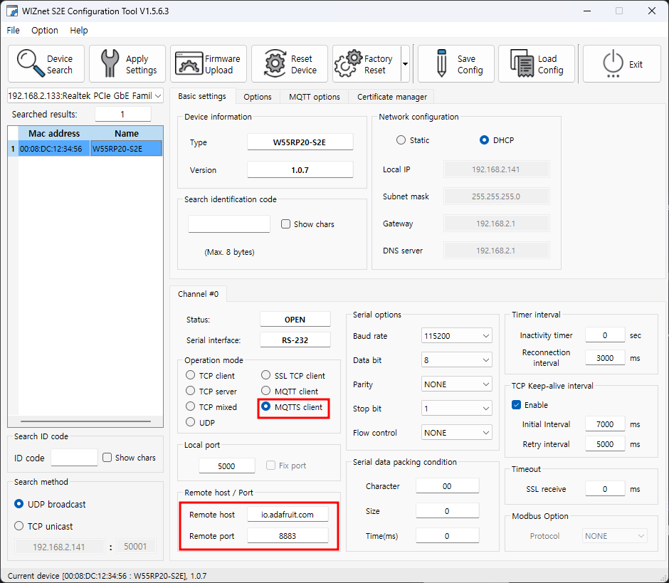 Connecting WIZnet W55RP20-S2E to Adafruit IO for IoT Applications