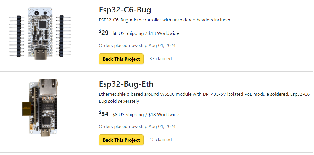ESP32-C6-Bug WiFi 6, Bluetooth LE, and 802.15.4 board takes a PoE Ethernet shield