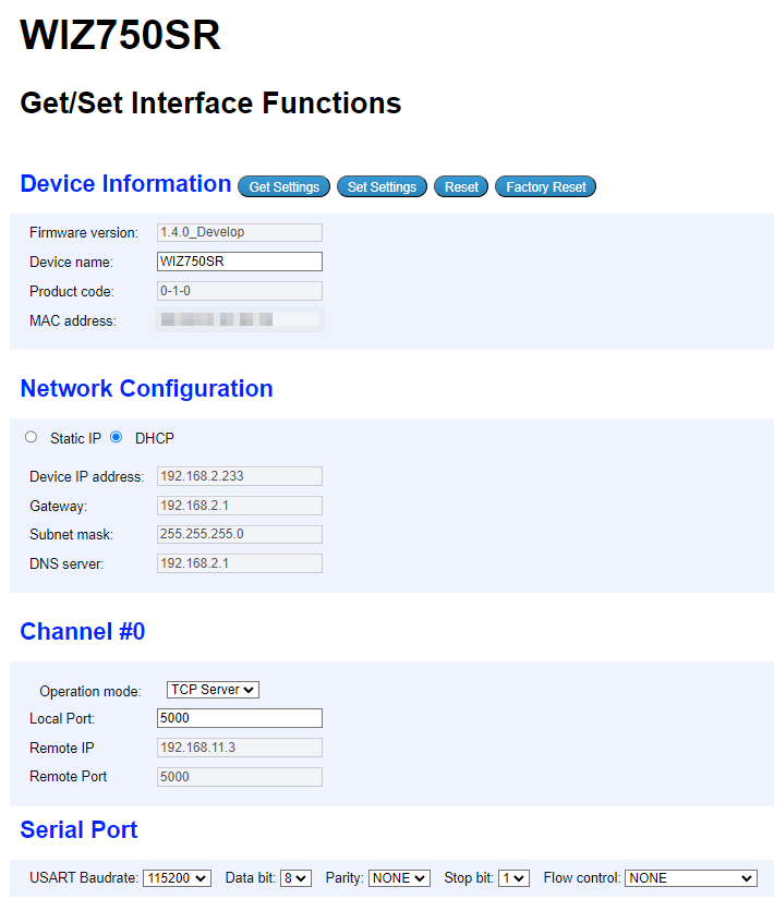 WIZ750SR Web Server Configuration