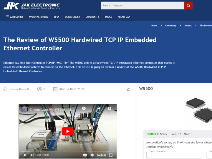 The Review of W5500 Hardwired TCP IP Embedded Ethernet Controller